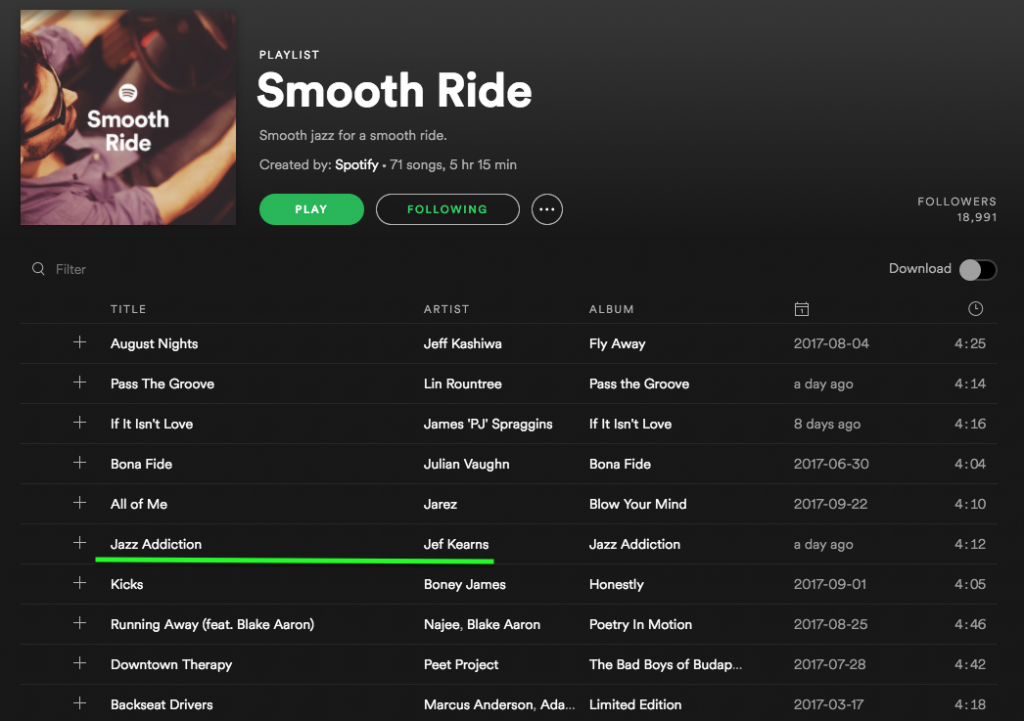 Jazz Addiction on Smooth Ride Spotify Playlist